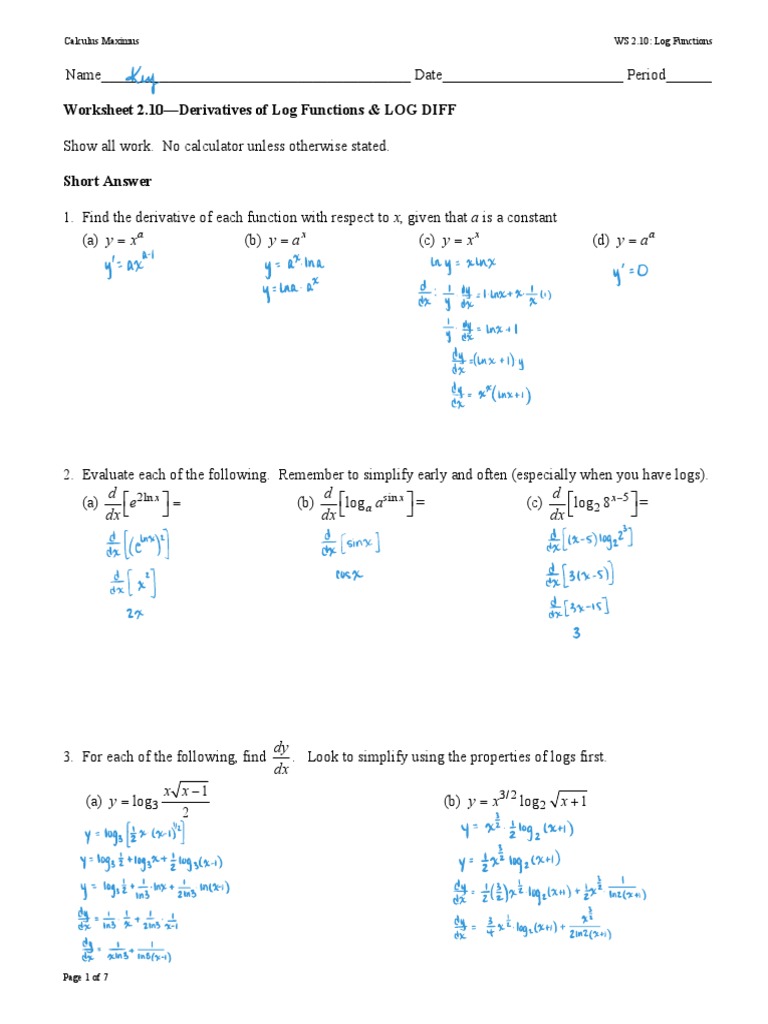 WS 02.10 Derivatives of Log Functions - LOG DIFF KEY | PDF