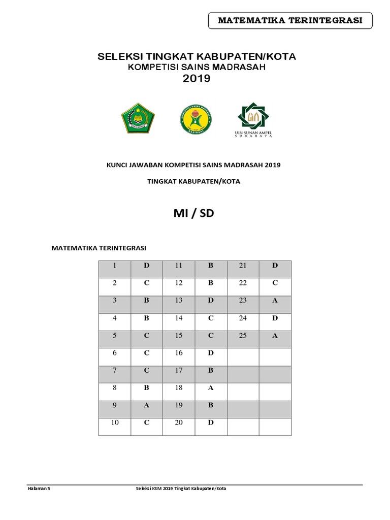 Kunci Jawaban KSM MI Matematika 2019 | PDF