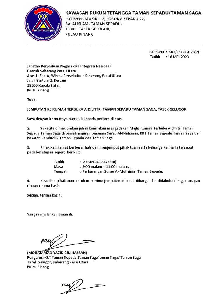 Surat Jemputan JAB PERPADUAN Jamuan Raya KRT 2023 | PDF