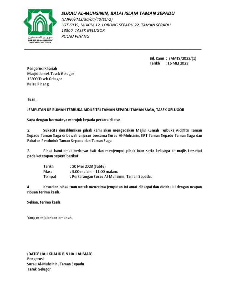 Surat Jemputan Jamuan Raya 2023 DATO' KHALID SIGN | PDF