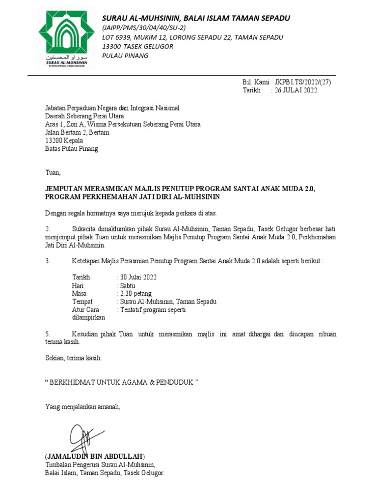 Surat Merasmikan Santai Anak Muda 2.0 Jemputan KRT | PDF