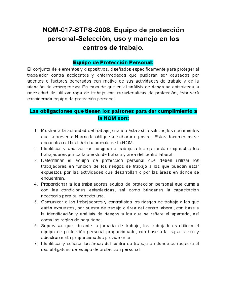 NOM-017-STPS-2008, Equipo de Protección Personal-Selección, Uso y ...