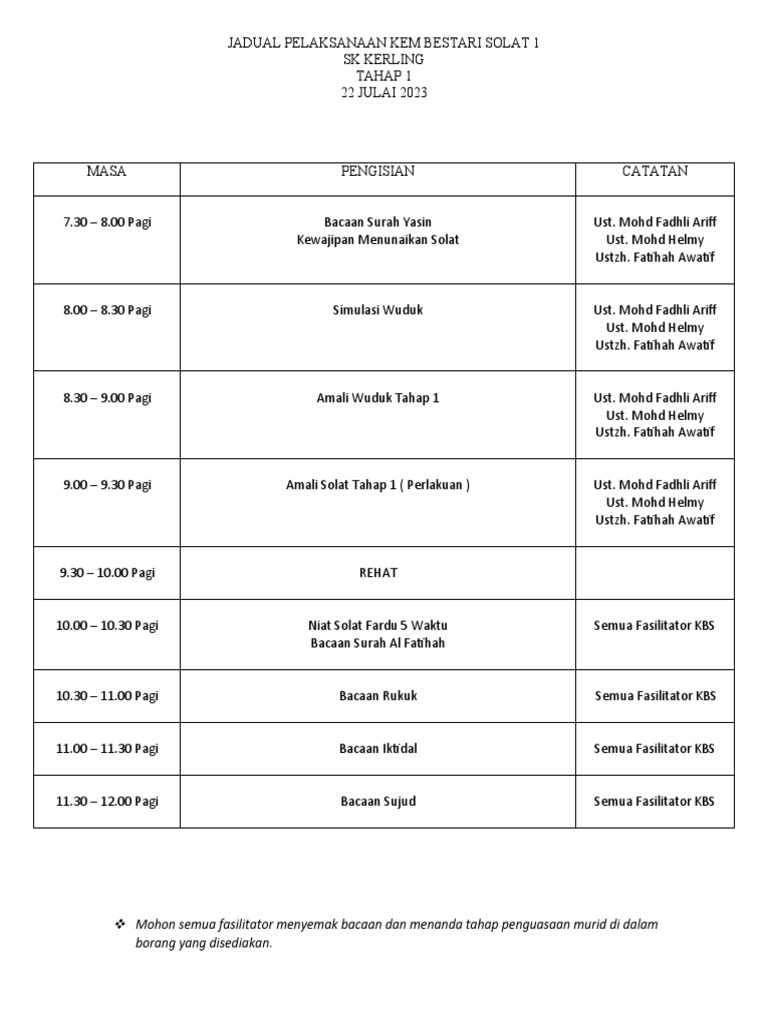 Jadual Pelaksanaan Kem Bestari Solat 1 | PDF