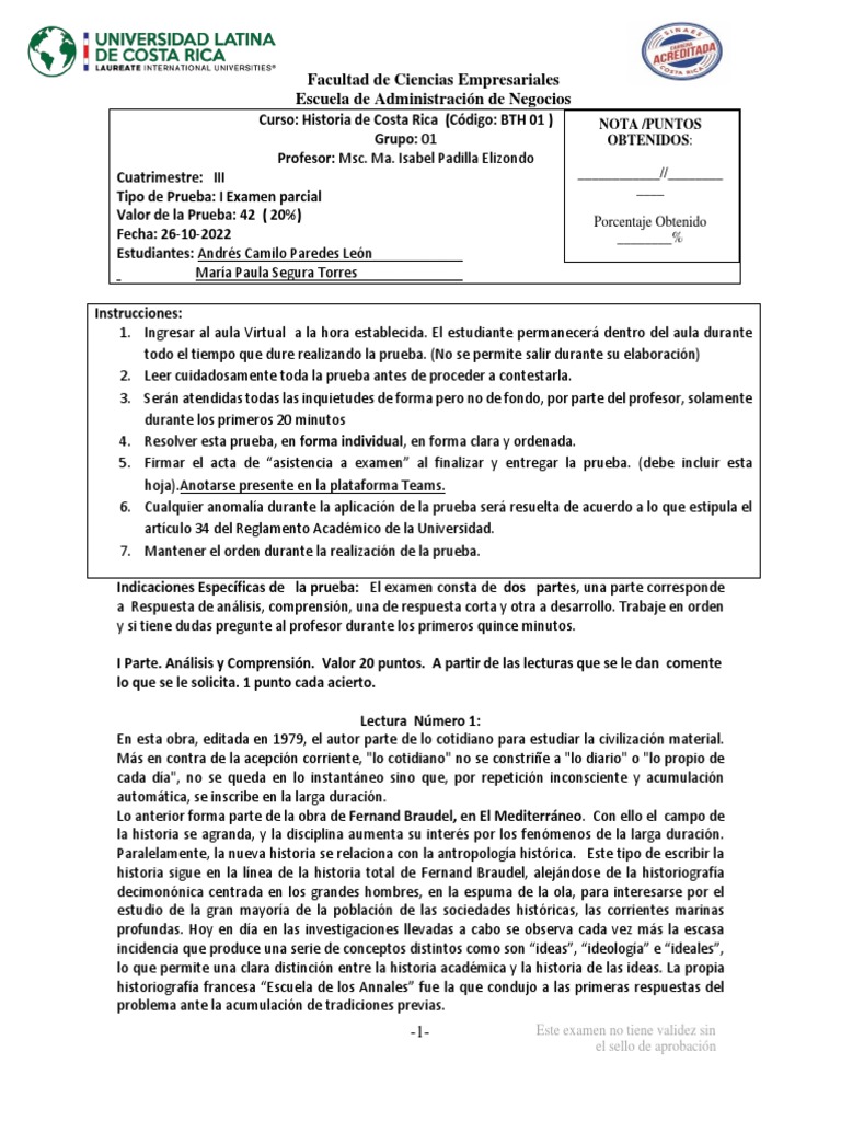 I Prueba de Historia de CR - Camilo Paredes y Paula Segura | PDF