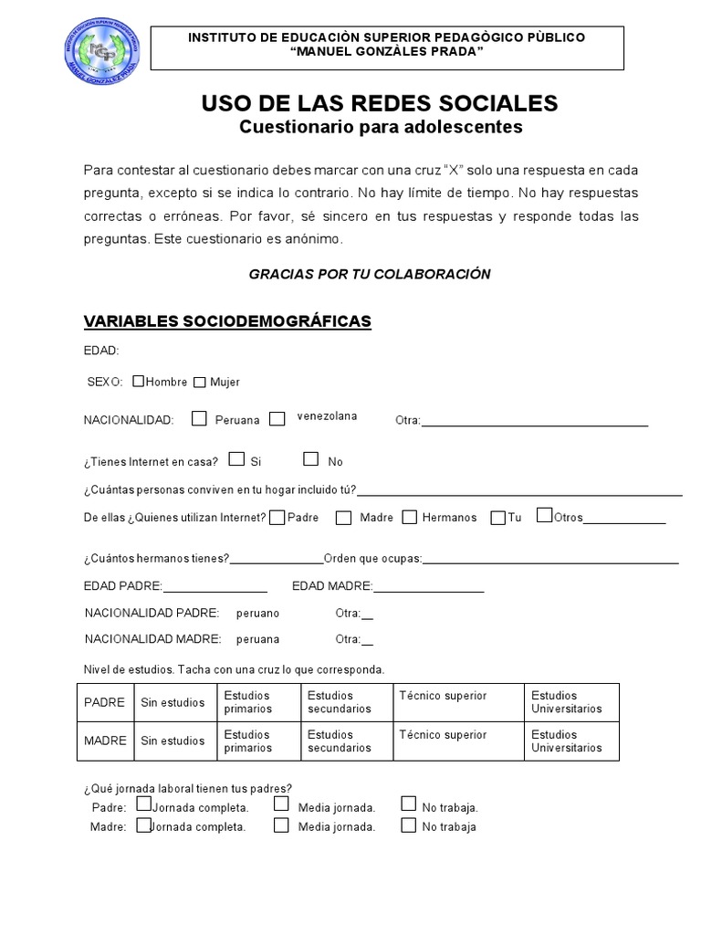 Encuesta Del Uso de Las Redes Sociales - Actualizado | PDF | Internet | Cuestionario