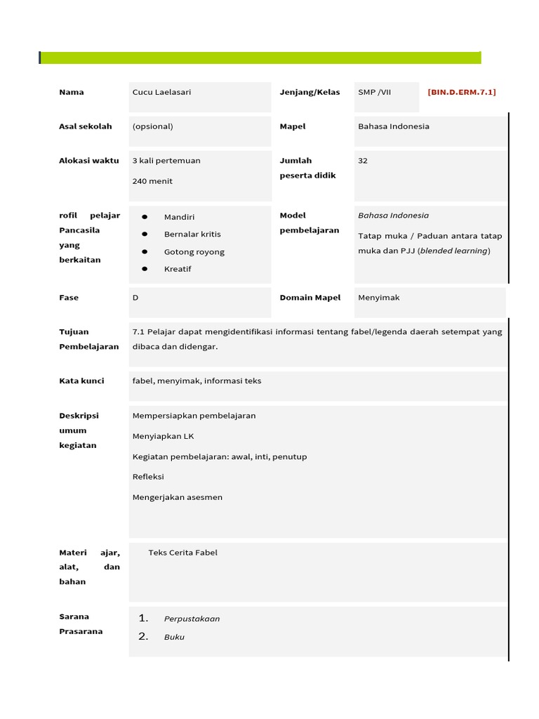 Contoh Modul Ajar - SMP - D - 1 Kontekstual | PDF