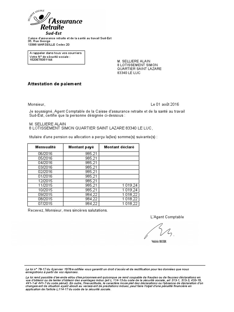 Attestationpaiement Assurance Retraite 2016 | PDF