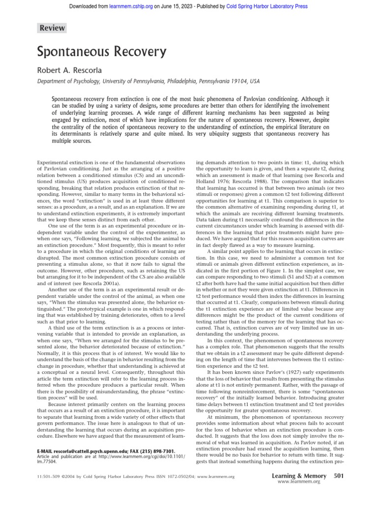 Rescorla 2004 Spontaneous Recovery | PDF | Classical Conditioning ...