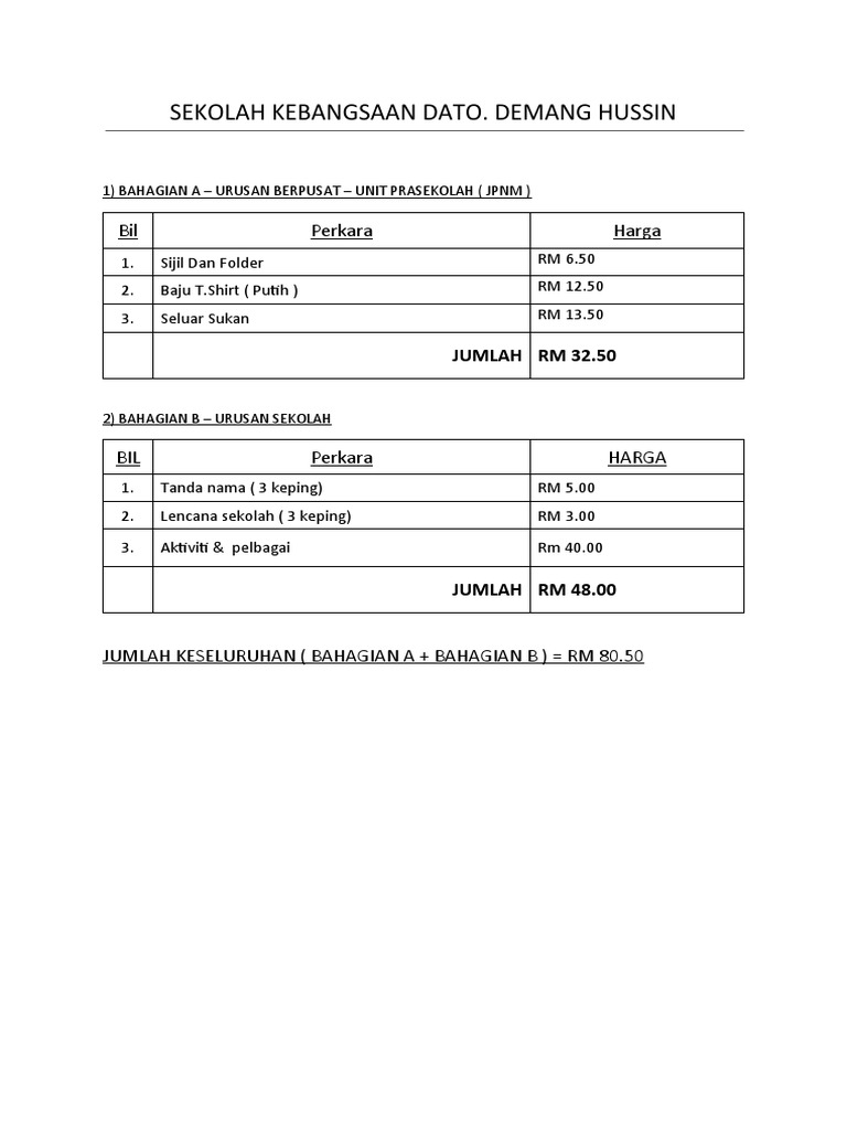 Yuran Pra Sekolah | PDF