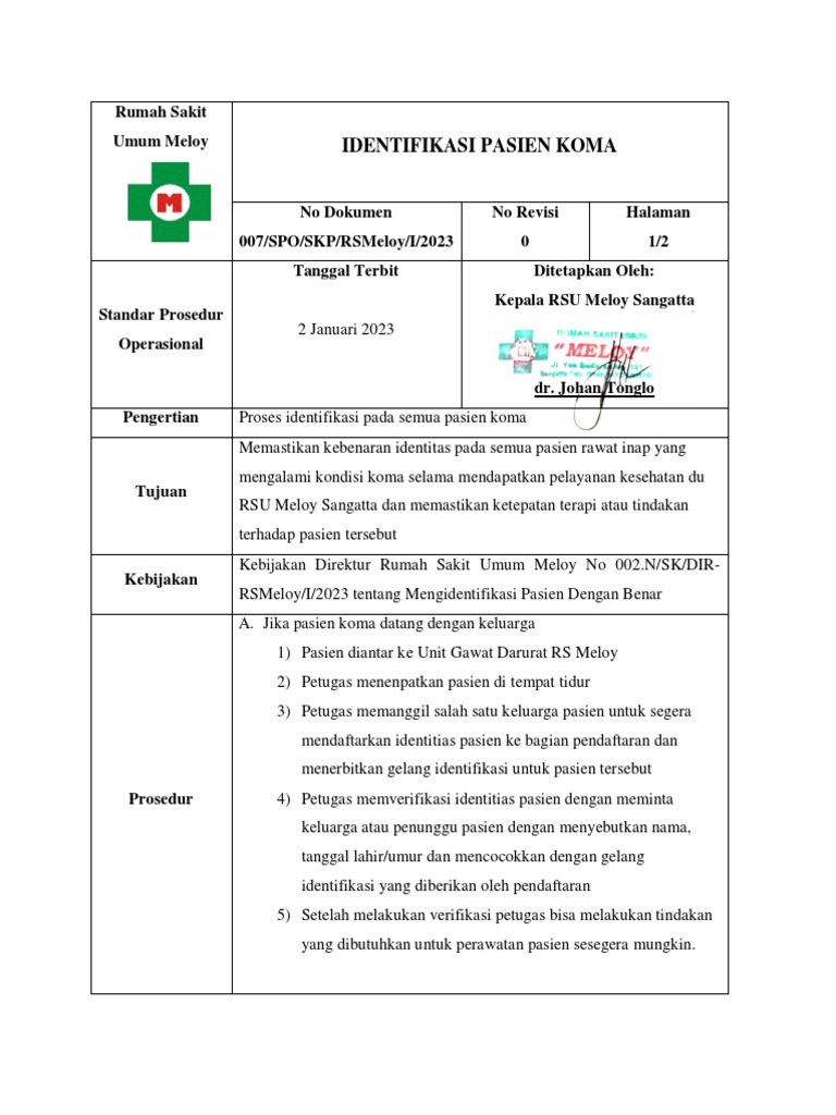 Sop Identifikasi Pasien Koma | PDF