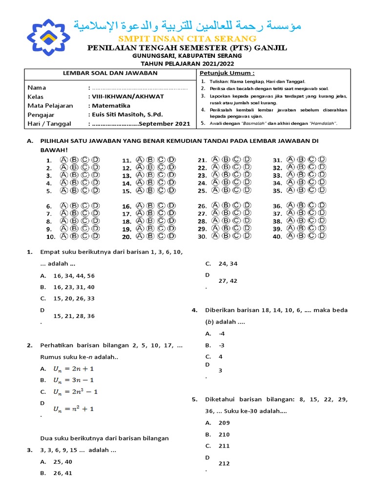 Soal PTS MTK Kelas 8 Ganjil 2021-2022 | PDF