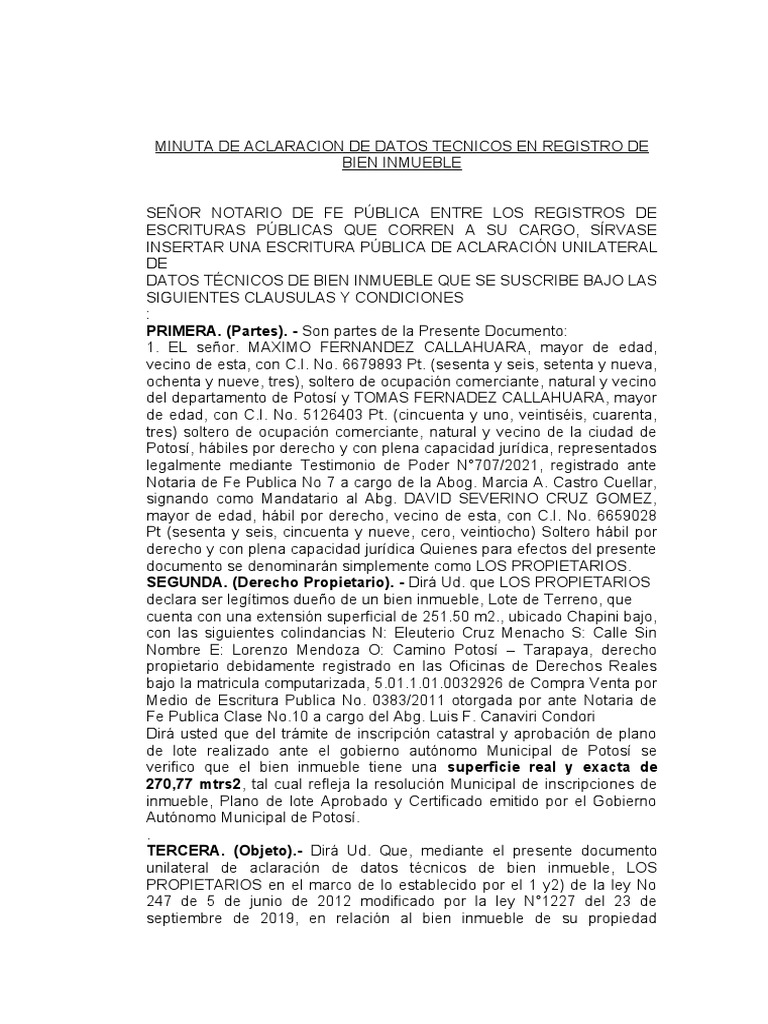 Minuta de Aclaración de Datos Técnicos | PDF | Propiedad | Derecho ...