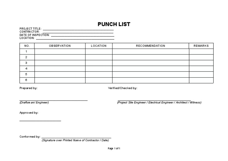 Punch List Form For Upload | PDF