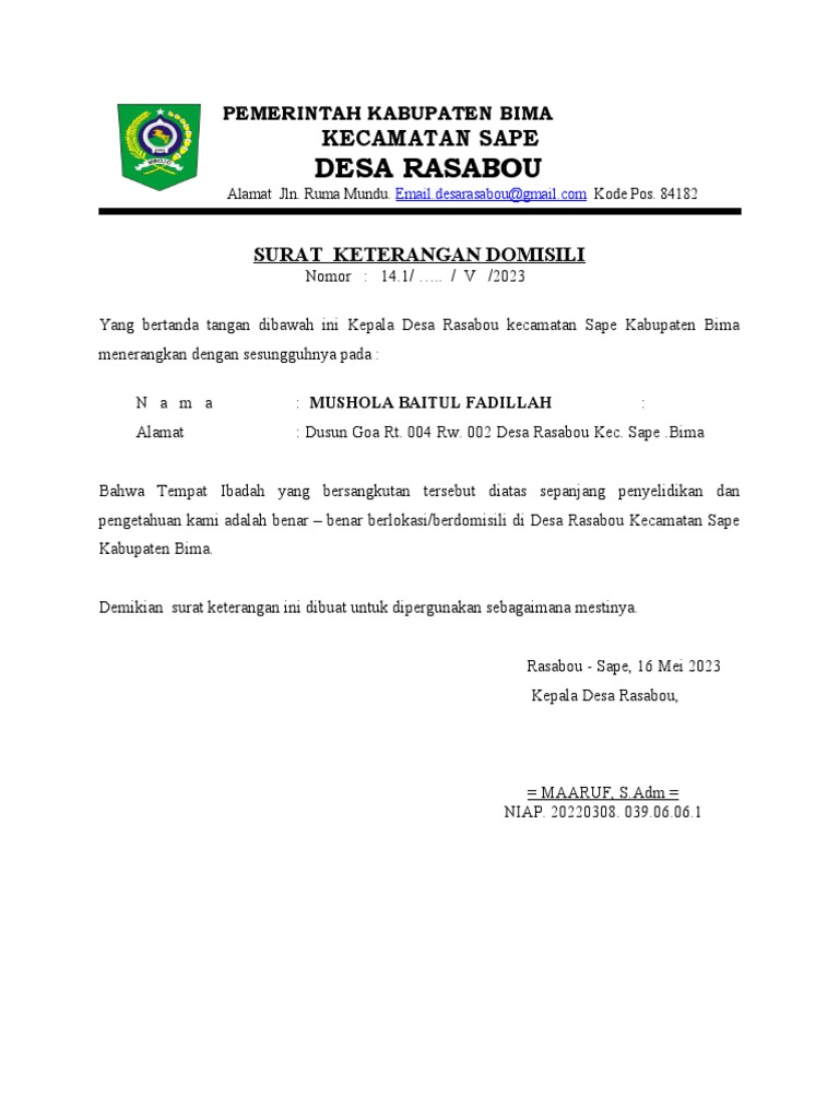 Keterangan Domisili Mushala | PDF