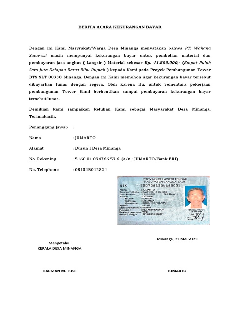 Berita Acara Kekurangan Bayar PT. Wahana | PDF