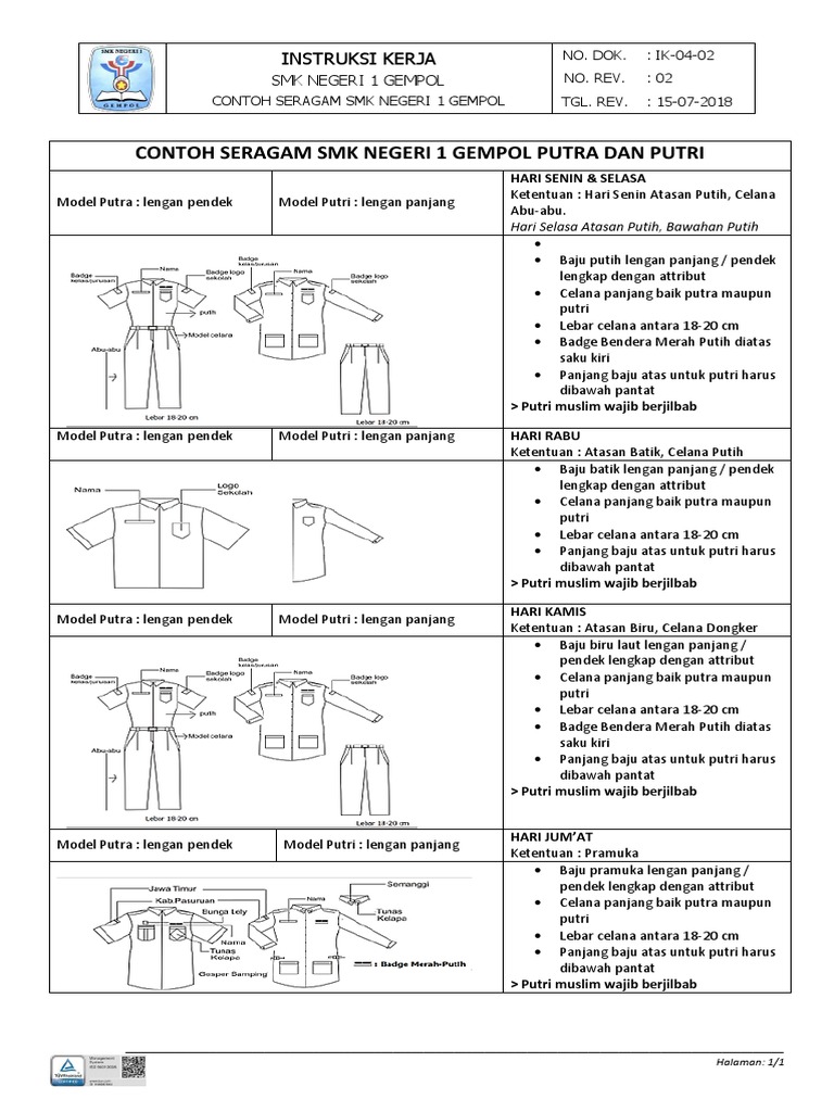 Contoh Seragam SMK Negeri 1 Gempol Putra Dan Putri 2023 | PDF
