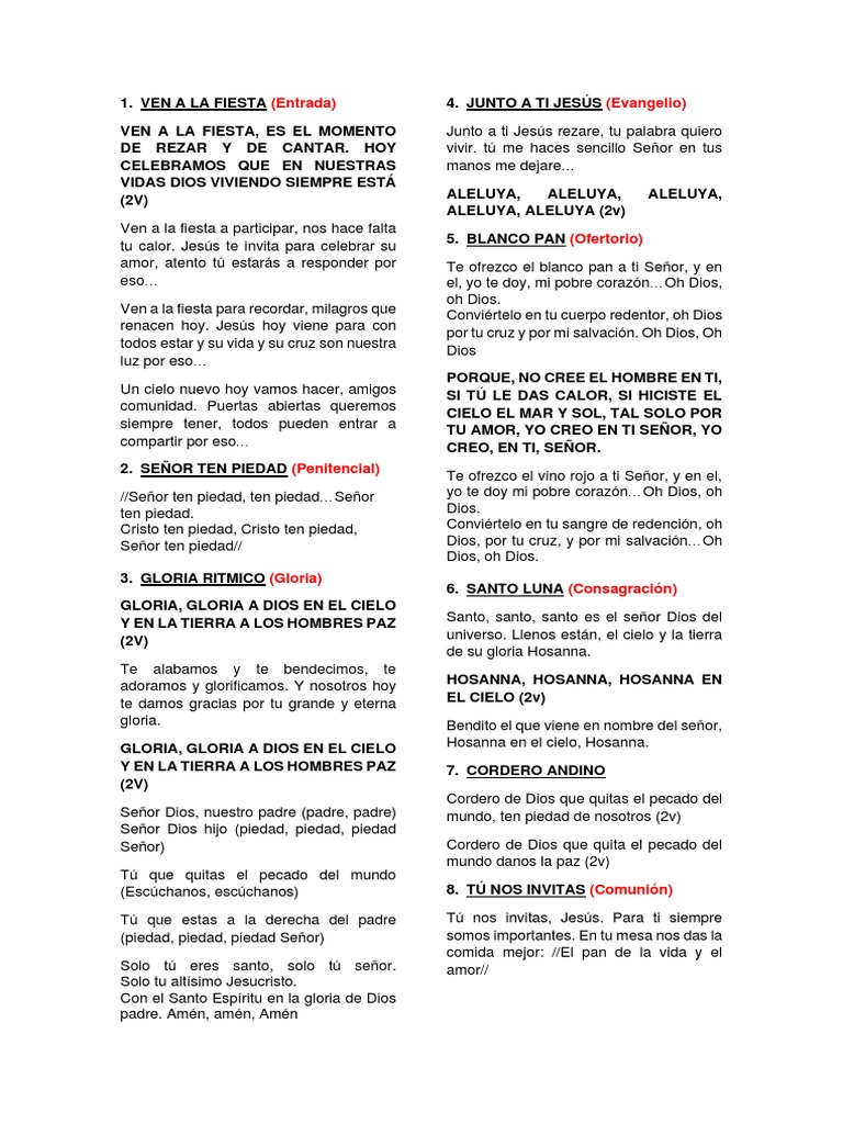 Canciones Litúrgicas para la Misa | PDF | eucaristía | Misa (liturgia)