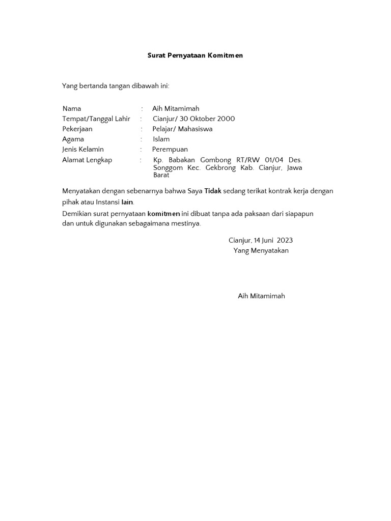 Surat Pernyataan Komitmen | PDF