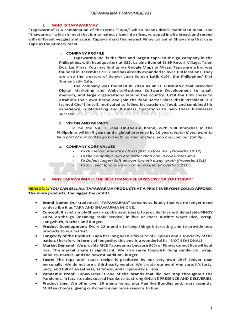 Tapawarma Franchise Kit | Download Free PDF | Franchising | Digital ...