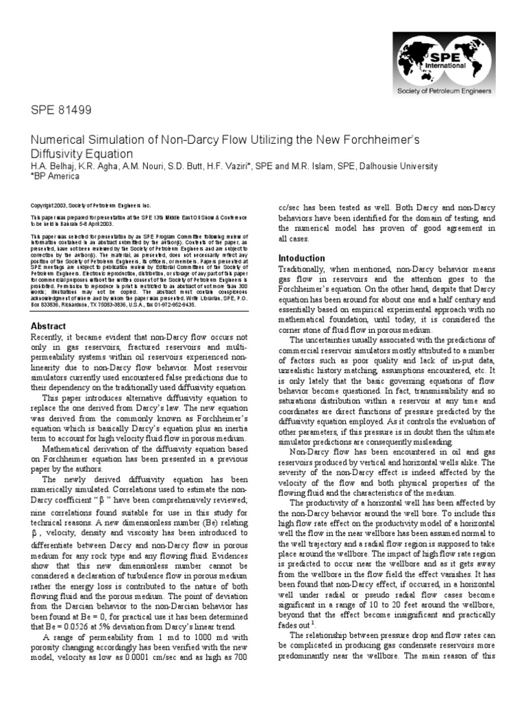 Numerical Simulation of Non-Darcy Flow Utilizing The New Forchheimers Diffusivity Equation | PDF