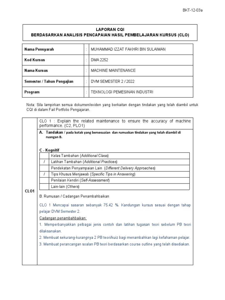 DMA 2073 - Lampiran BKT-12-03a Borang CQI (CLO) | PDF