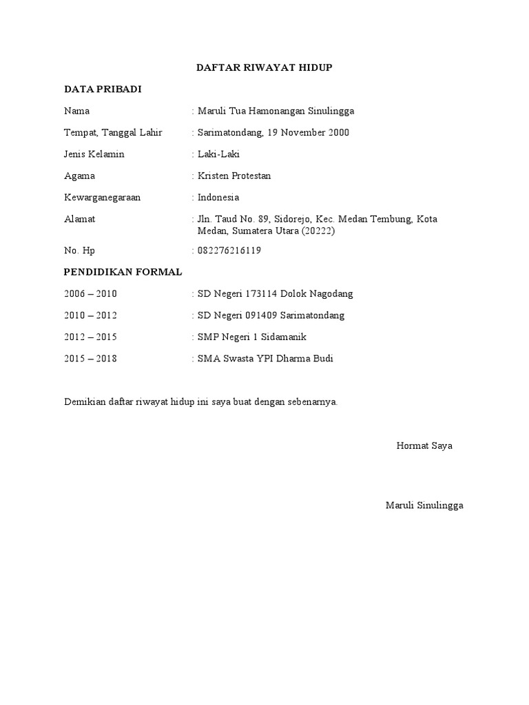 Daftar Riwayat Hidup Maruli | PDF