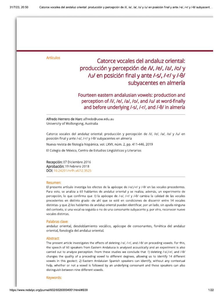 Catorce vocales del andaluz oriental- producción y percepción de i e, a ...