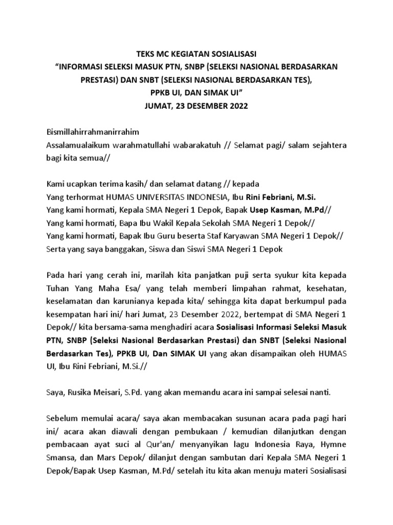Teks MC Kegiatan Sosialisasi | PDF