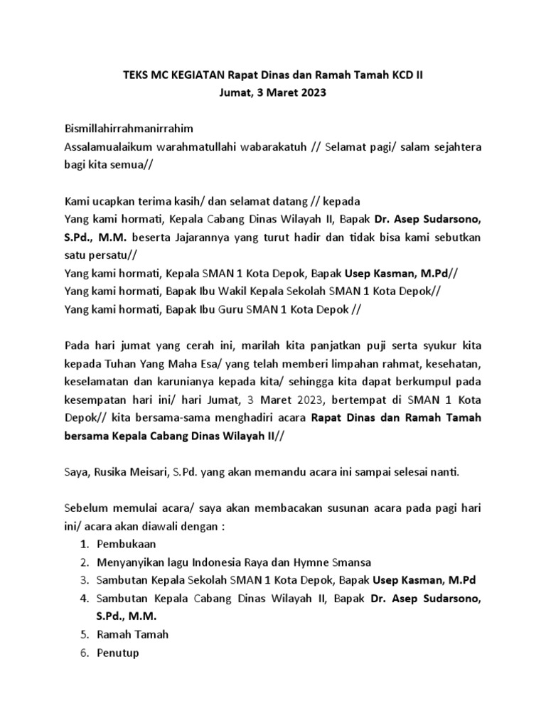 Teks MC Kegiatan Rapat Dinas 3 3 2023 | PDF