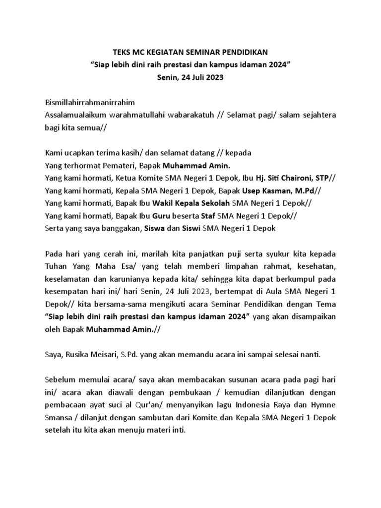 Teks MC Kegiatan Seminar Pak Amin Juli 2023 | PDF