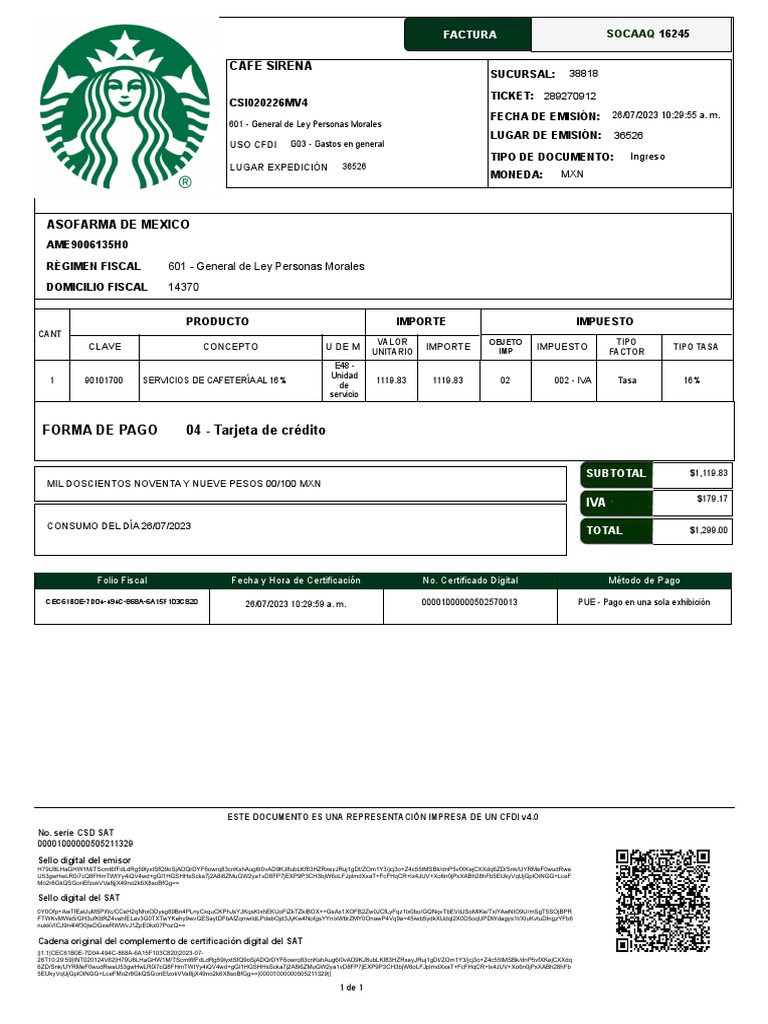 Factura Starbucks | PDF | Comercio | Economias