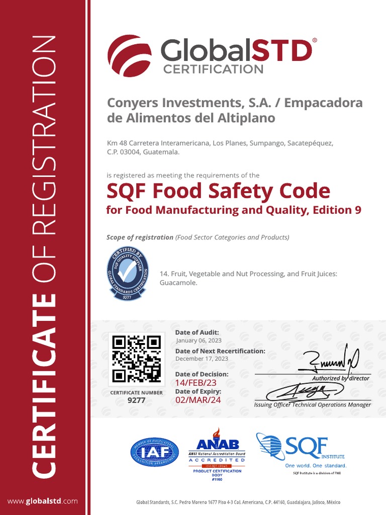 Certificado SQF - 2023 | PDF