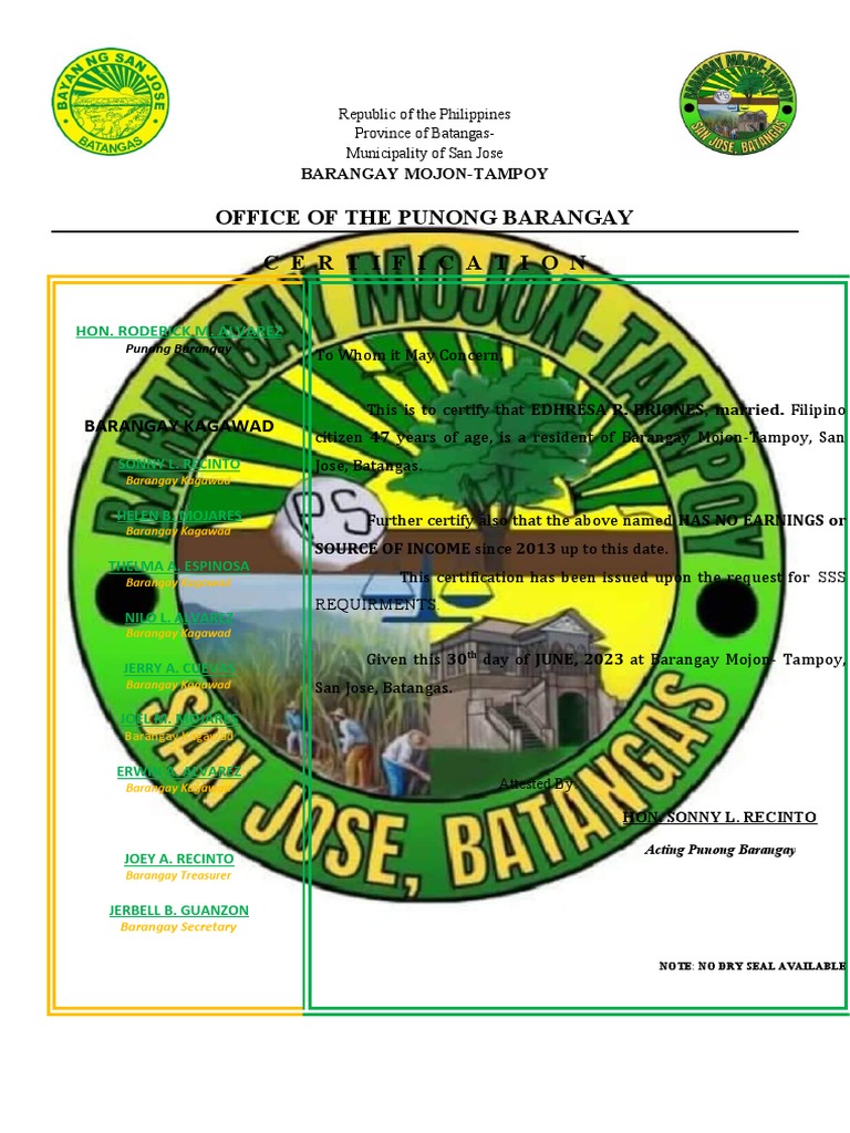 Certificate of No Income - Mojon Tampoy | PDF