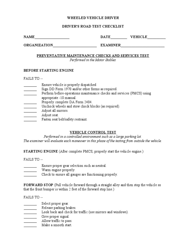 Drivers Road Test Checklist | PDF