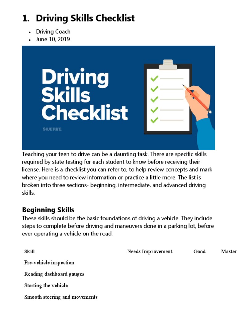 Driving Skills Mastery Checklist | PDF | Traffic | Controlled Access ...