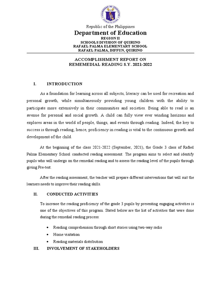 Accomplishment On Remedial Reading | PDF | Teachers | Cognitive Psychology Accomplishment On Remedial Reading | PDF | Teachers | Cognitive Psychology