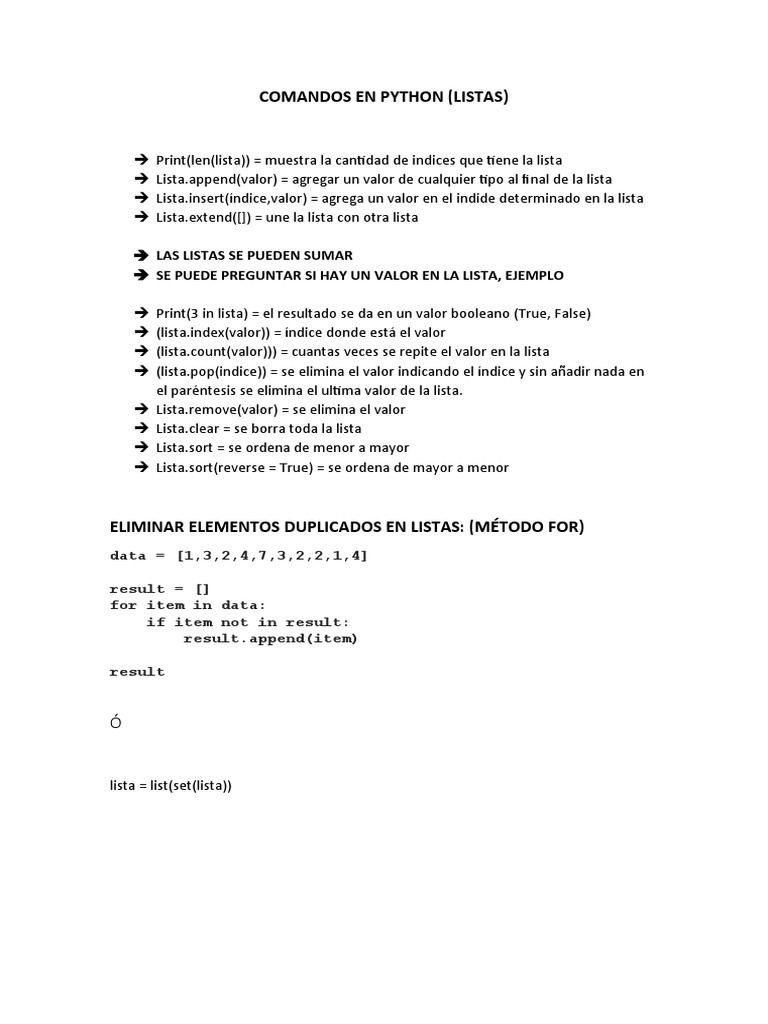 Comandos en Python (Listas) | PDF