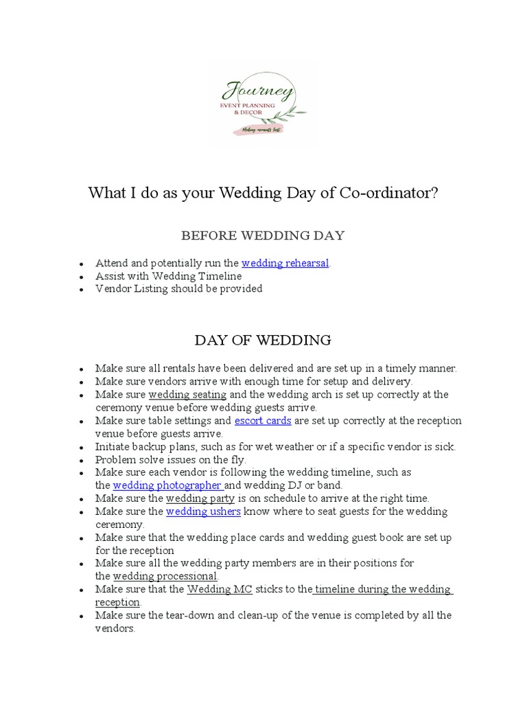 Wedding Day Coordinator Responsibilities | PDF