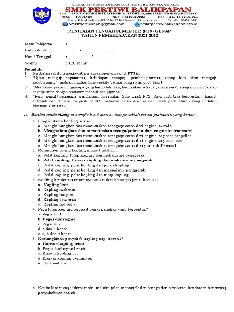 Soal PTS Pemeliharaan Chasis Dan Pemindah Tenaga Kendaraan Ringan Kelas XII TKR (Heru Prayoga R ...