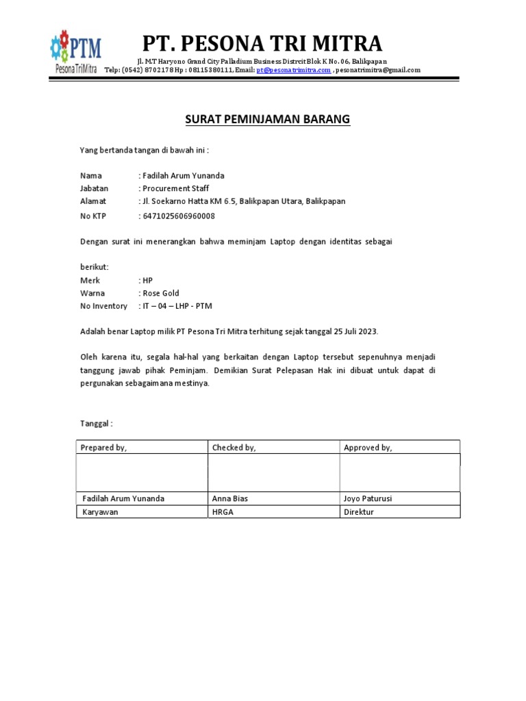 Surat Peminjaman Laptop PT Pesona Tri Mitra | PDF