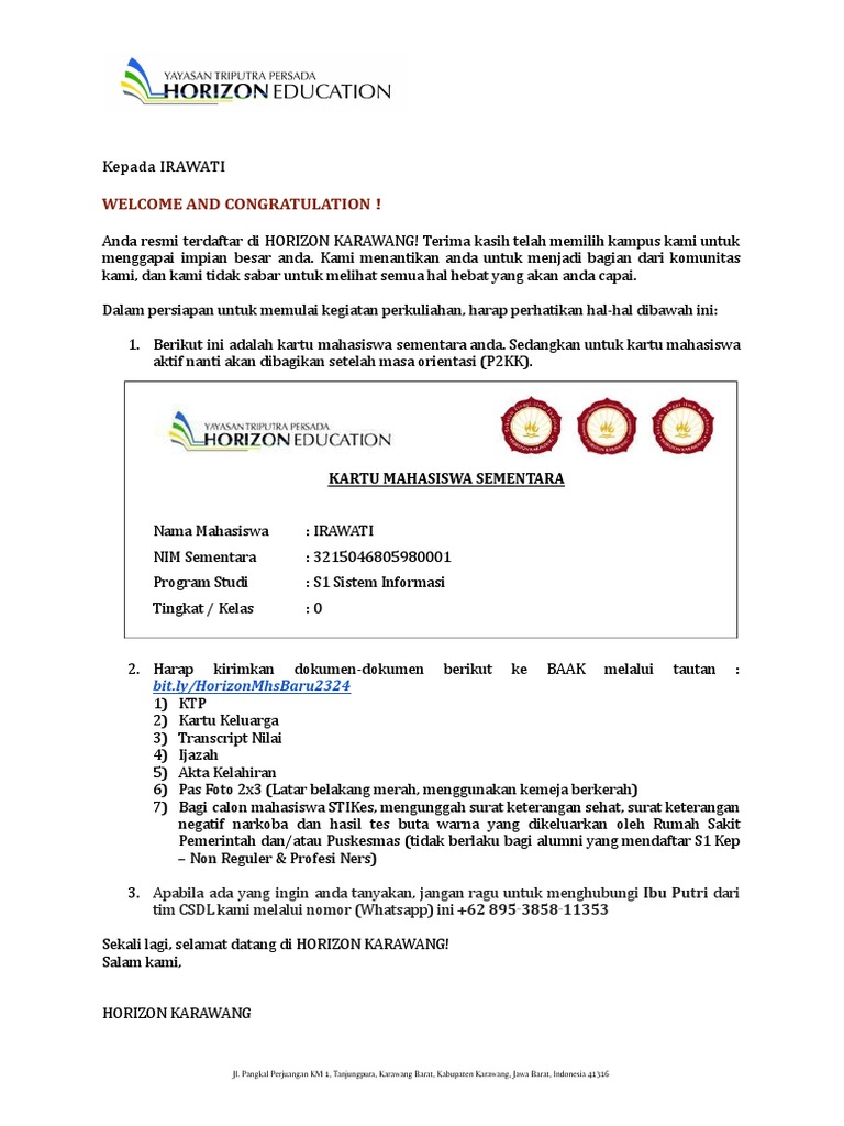 Welcome Letter IRAWATI | PDF