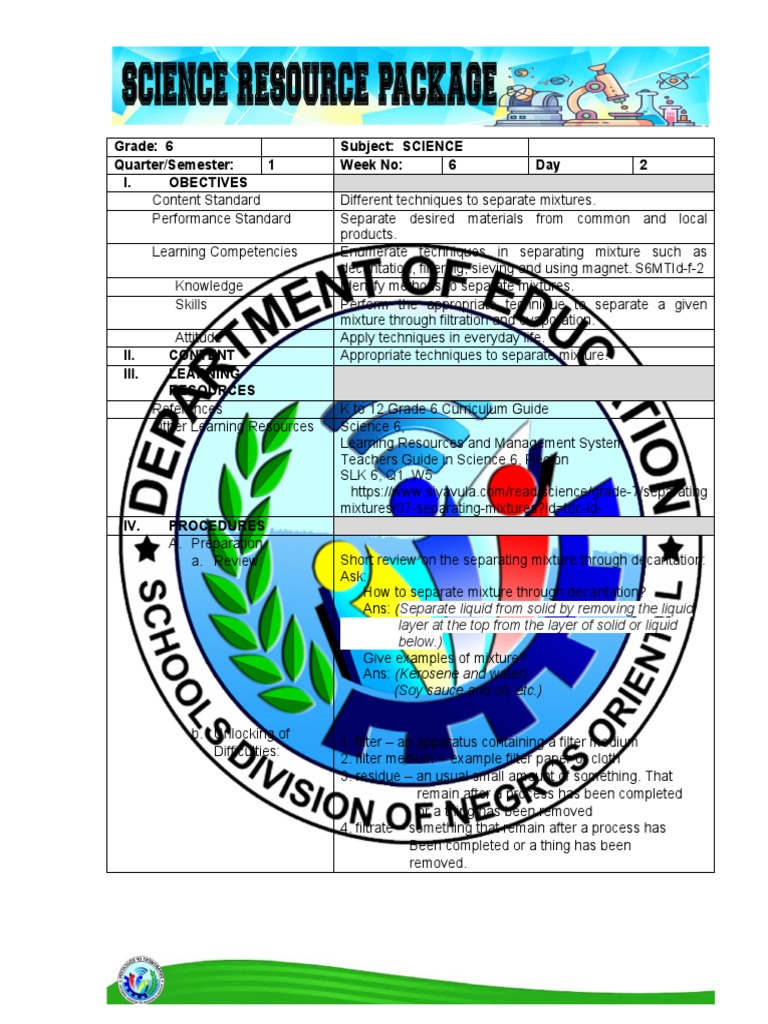 CONTEXTUALIZED-DLP Science 6 Q1, W6-D2 | PDF | Filtration | Water