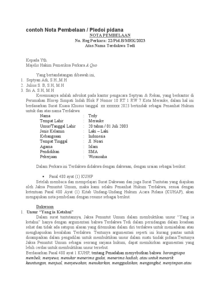 Contoh Nota Pembelaan Atau Pledoi | PDF
