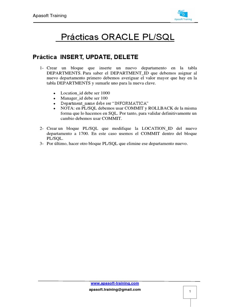 Prácticas PL/SQL: INSERT, UPDATE, DELETE | PDF | SQL | Pl / Sql