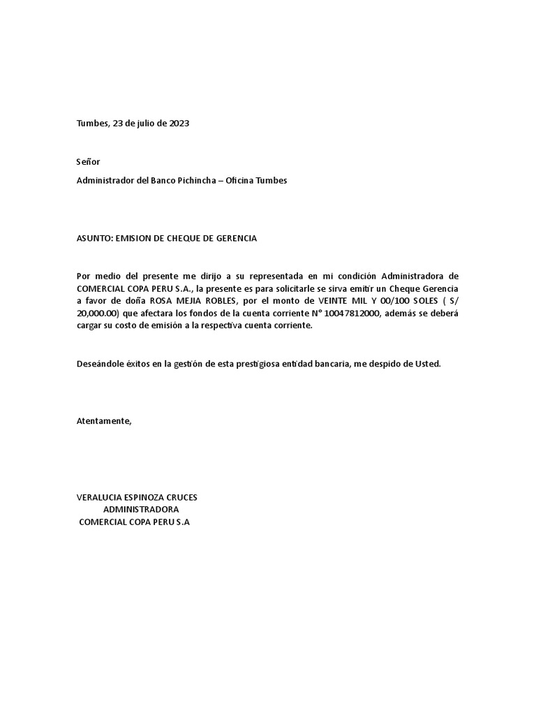 Carta Cheque de Gerencia | PDF