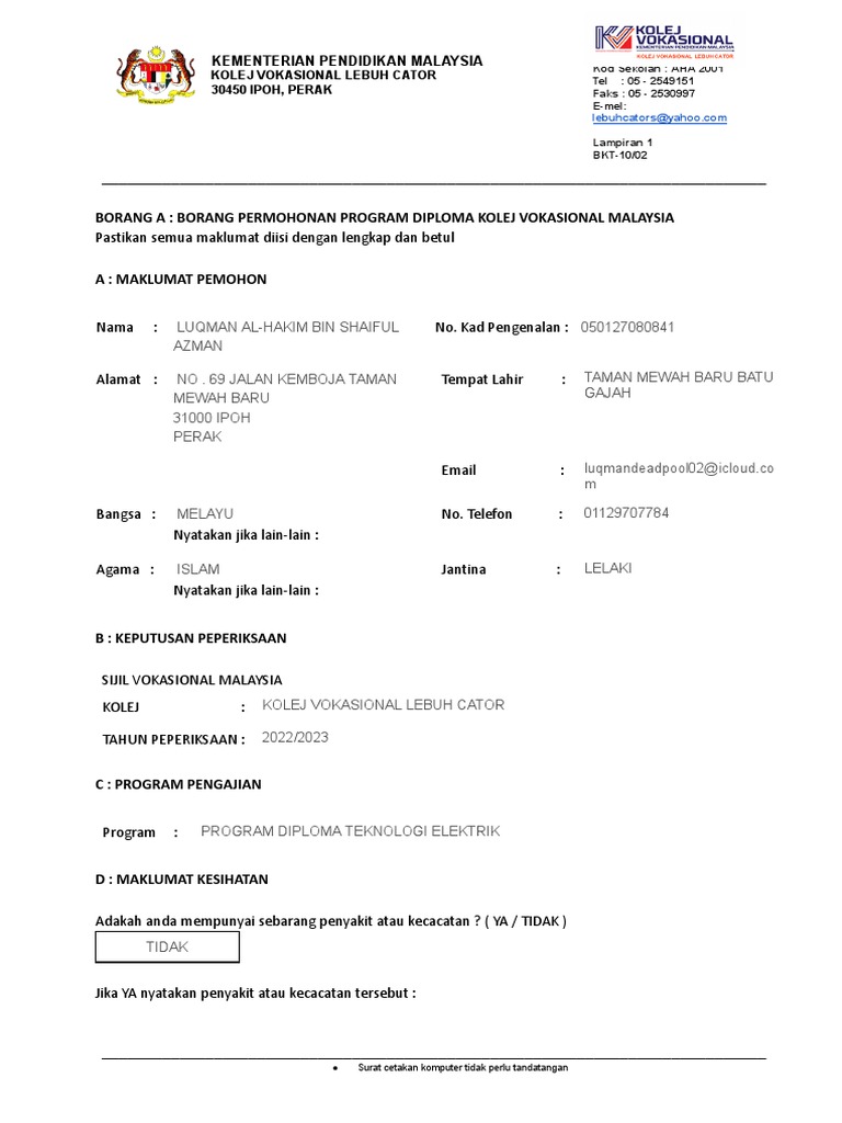 Borang Permohonan Program Diploma Teknologi Elektrik Kolej Vokasional ...