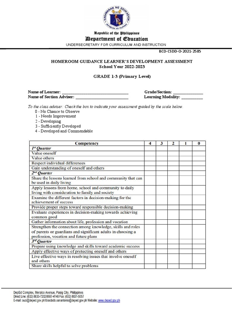 Homeroom Guidance Assessment Form | PDF