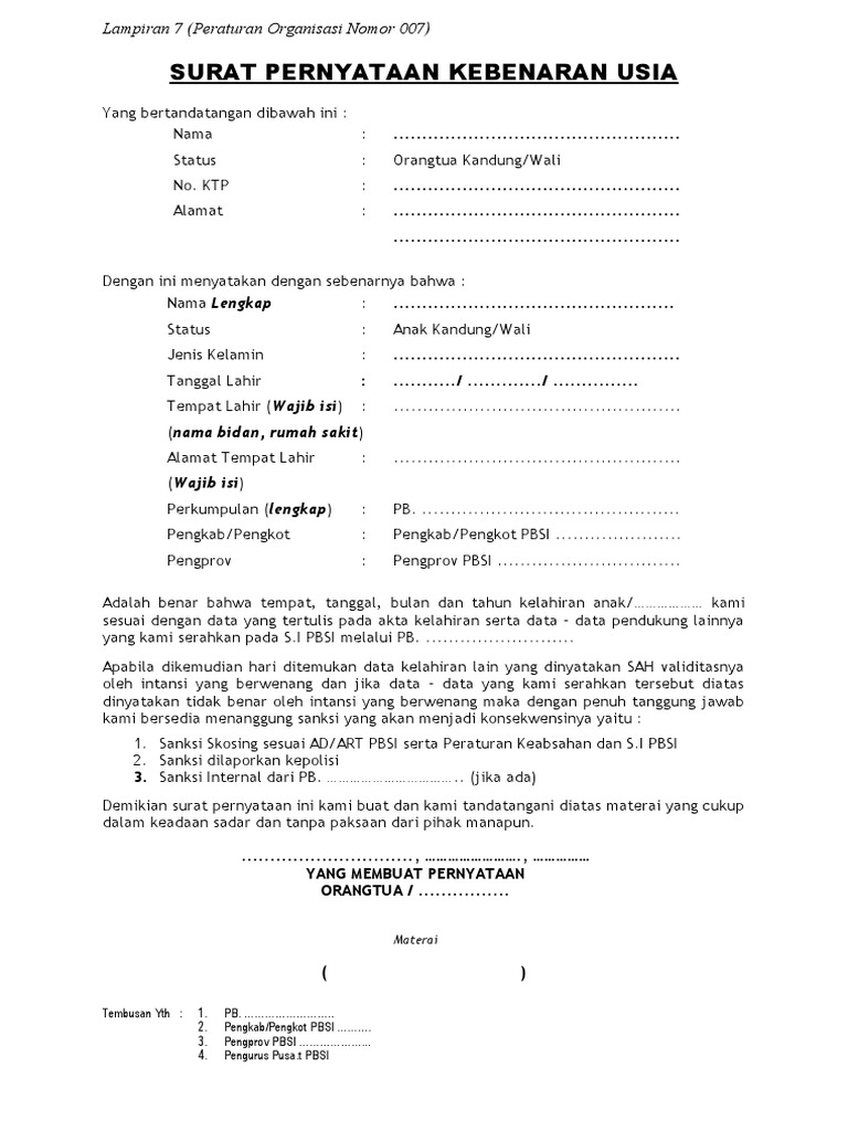 Surat Pernyataan Kebenaran Usia PBSI | PDF