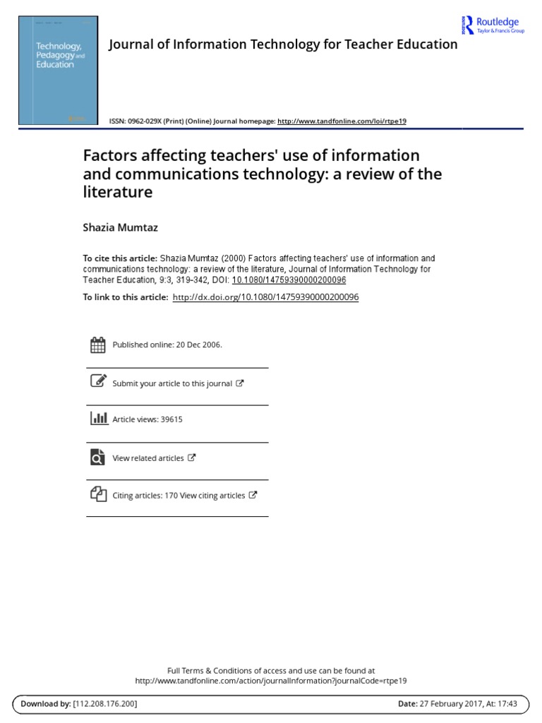 Factors Affecting Teachers Use Of Information And Communications Technology A Review Of The