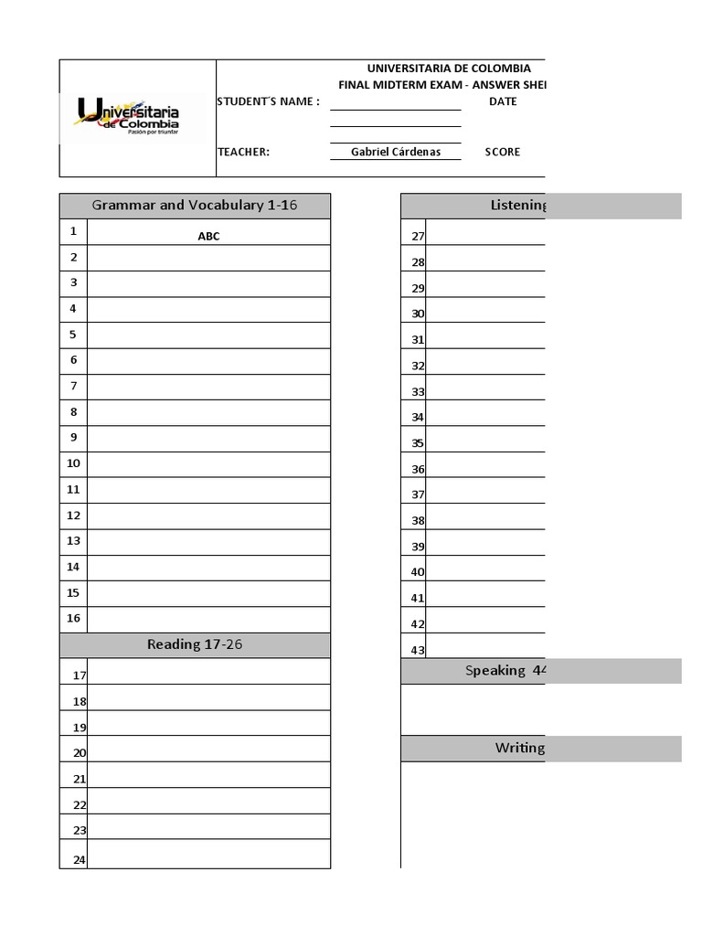 Answer Sheet and Exam | PDF
